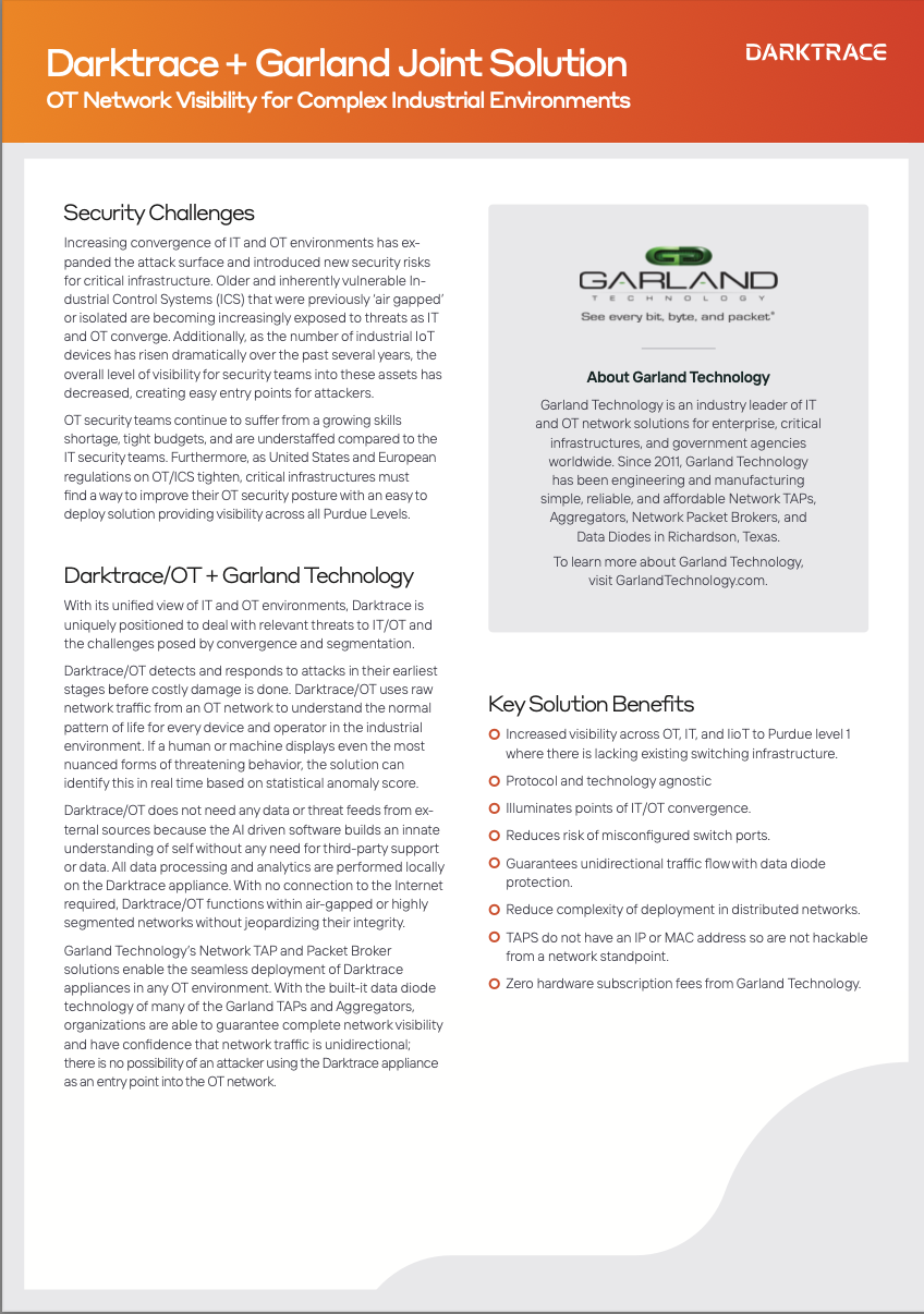 Darktrace + Garland Joint Solution | Data Sheet | Darktrace Resource